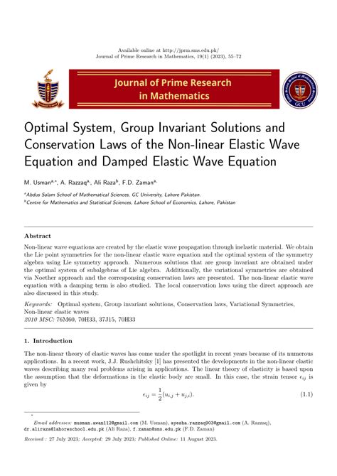 Pdf Optimal System Group Invariant Solutions And Conservation Laws Of The Non Linear Elastic