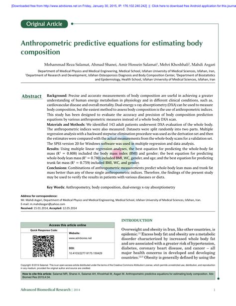 Pdf Anthropometric Predictive Equations For Estimating Body Composition