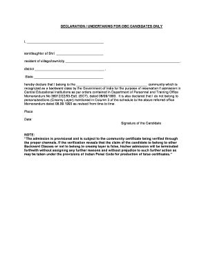 Fillable Online Admission Iist Ac DECLARATION UNDERTAKING FOR OBC CANDIDATES ONLY Admission