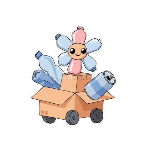 Cute Cartoon Flower Made Of Recycled Plastic Bottles In A Cardboard Box Stock Illustration