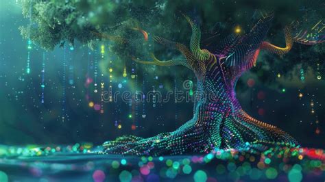 A Digital Tree With Colorful Data Point Leaves And Binary Code Roots Symbolizing The Growth Of