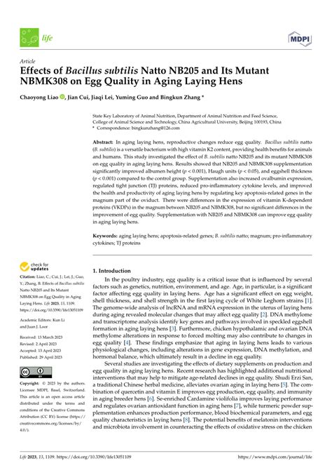 Pdf Effects Of Bacillus Subtilis Natto Nb205 And Its Mutant Nbmk308 On Egg Quality In Aging
