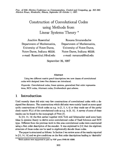 Pdf Construction Of Convolutional Codes Using Methods From Linear Systems Theory