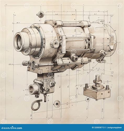 Engineering Schematic With Components Bolts Gears And Cylinders Precise Measurements And