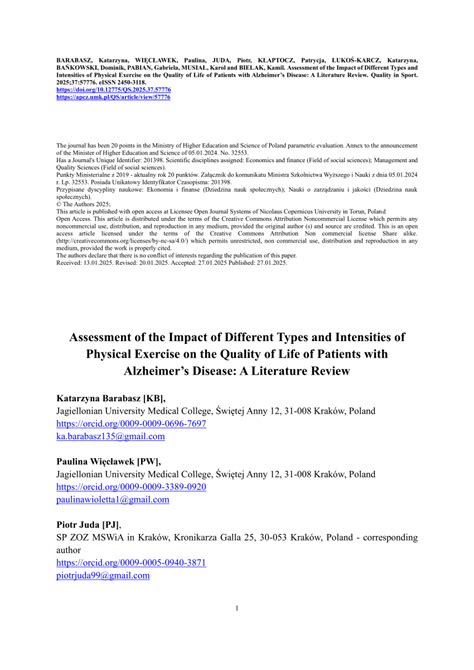 Pdf Assessment Of The Impact Of Different Types And Intensities Of Physical Exercise On The
