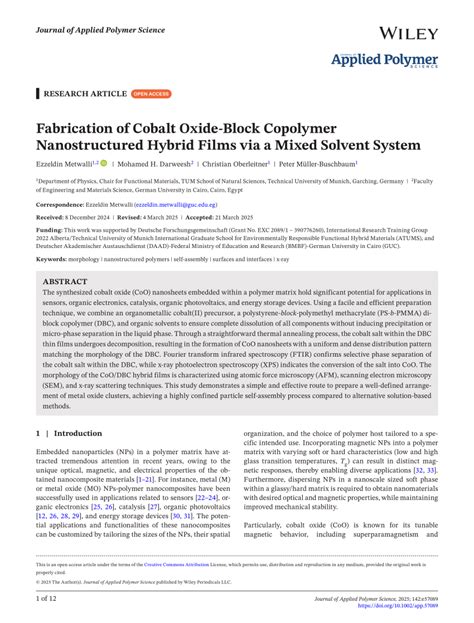 Pdf Fabrication Of Cobalt Oxide‐block Copolymer Nanostructured Hybrid
