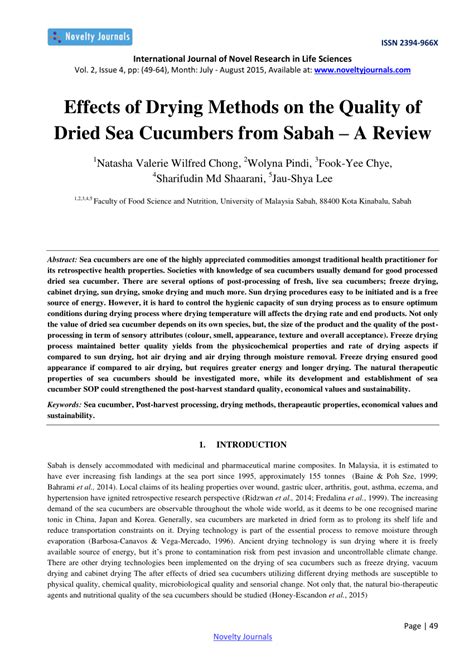 Pdf Effects Of Drying Methods On The Quality Of Dried Sea Cucumbers From Sabah A Review