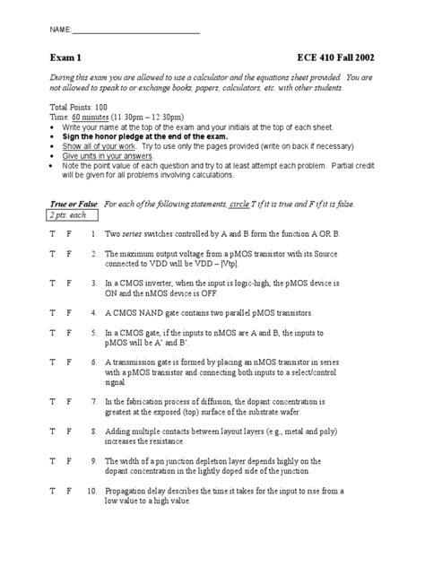 Exam 1 Ece 410 Fall 2002 Pdf Cmos Mosfet