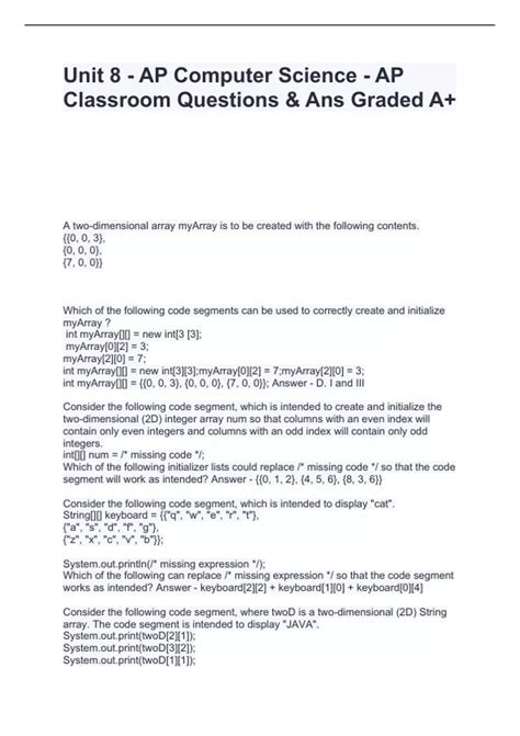 unit 8 ap computer science ap classroom questions and ans graded a