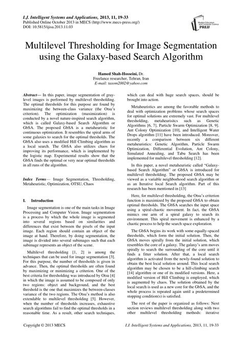 Pdf Multilevel Thresholding For Image Segmentation Using The Galaxy Based Search Algorithm