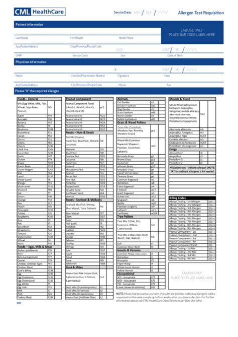 Cml Allergen Test Requisition Printable Pdf Download