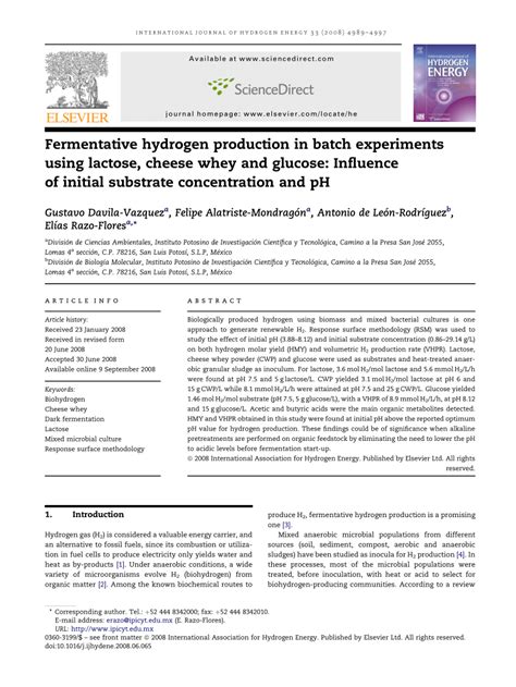 Pdf Fermentative Hydrogen Production In Batch Experiments Using Lactose Cheese Whey And