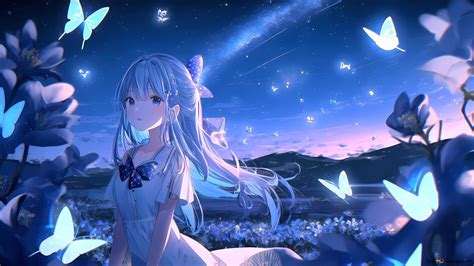 Beautiful Anime Girl With Blue Hair Posing With Butterflies Hd