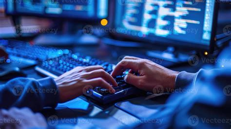 person coding late at night on multiple computer screens 59299581 stock