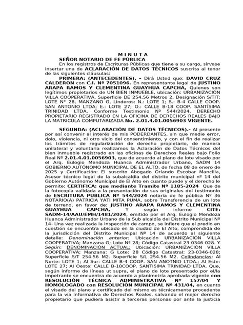 Minuta De Aclaracion De Datos Tecnicos Justino Pdf