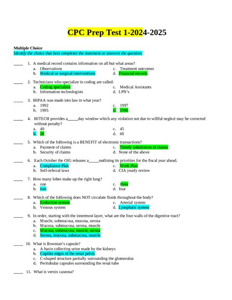Cpc Prep Test 1 2024 2025 Docx Exams Nursing Docsity