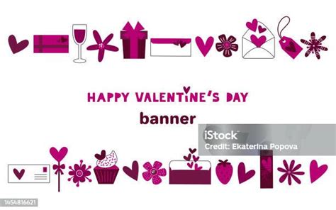 발렌타인 데이 로맨틱 배너 사랑 요소 하트 꽃 선물 편지 케이크 사탕 과자 태그 화환 체인 2월 14일 휴일 꽃 식물에 대한 스톡 벡터 아트 및 기타 이미지 Istock
