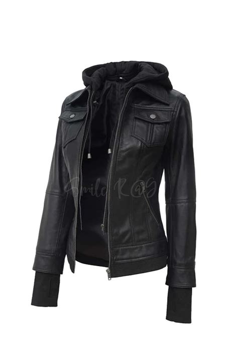 Lambskin Leather Bomber Jacket With Removable Hoodie Handmade Etsy