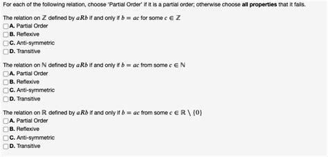 Solved For Each Of The Following Relation Choose Partial Chegg Com