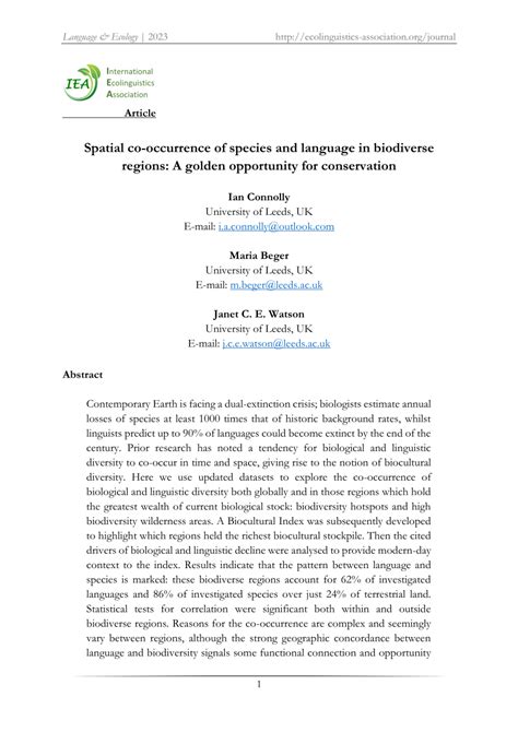 Pdf Spatial Co Occurrence Of Species And Language In Biodiverse Regions A Golden Opportunity