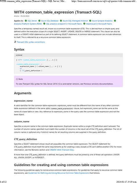 With Common Table Expression Transact Sql Sql Server Microsoft Learn Pdf Table