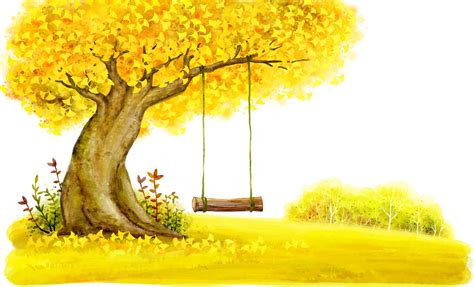 자유형 유치원 삽화 가을 나무 그네 자유형 유치원 삽화 무료 다운로드를위한 배경 이미지