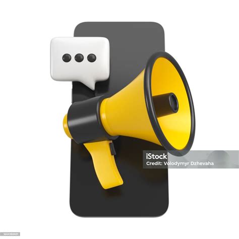 노란색과 검은색 확성기 스마트폰 화면에서 메시지 음성 대화 또는 통신 유형 대화가 있는 채팅 버블업 댓글 스레드 언급 개념이 있는 휴대폰을 사용합니다 3d 렌더링 3차원