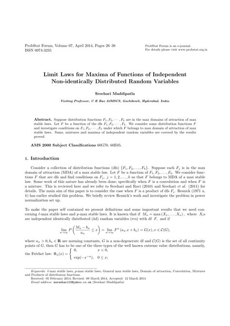 Pdf Limit Laws For Maxima Of Functions Of Independent Non Identically Distributed Random Variables