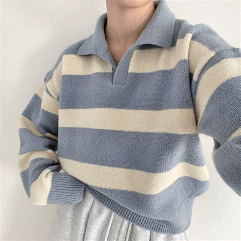 꾸안꾸루즈핏 부드러워요 러블리 배색 단가라 카라 브이넥 긴팔 니트 4color 바게트카라니트 에이블리