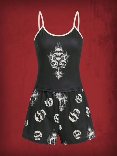 Romwe Grunge Punk Skull Print Contrast Binding Pj Set Shein Uk