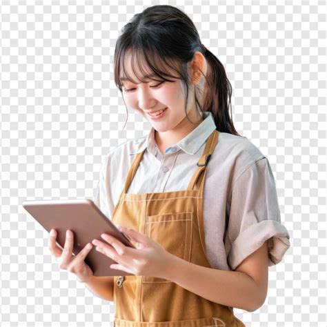 Premium Psd Hand Holding Digital Tablet Young Woman In Apron Smiling On Transparency
