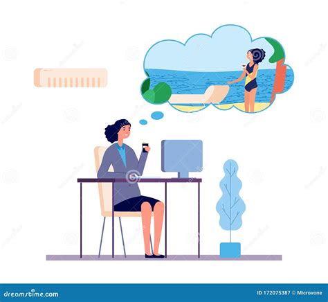 Dreaming Woman Office Girl Dreams About Beach Vacation Vector Concept