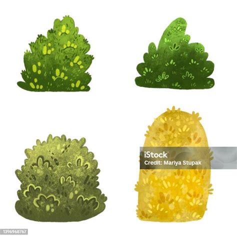 덤불 그림 귀여운 관목 만화 스타일의 예술 녹색 숲 요소 고립 된 수풀 랜드사페 세트 여름 나무 숲 배경 공원 식물 야외 세트