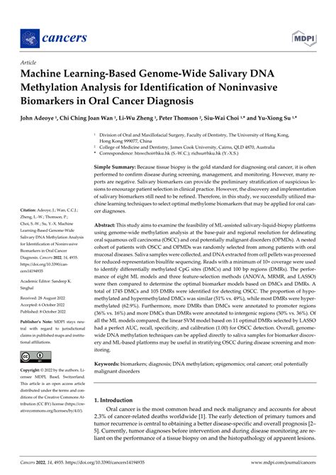 Pdf Machine Learning Based Genome Wide Salivary Dna Methylation Analysis For Identification Of