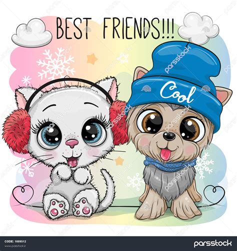 بچه گربه و توله سگ کارتونی زیبا در پس زمینه رنگین کمان 1689512
