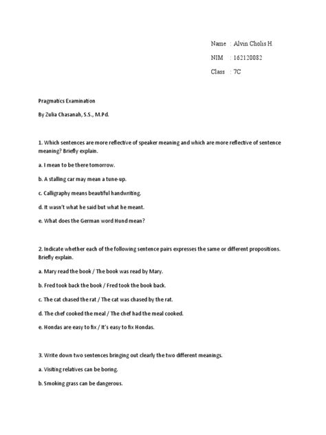 Alvin Cholis Himawan 162120082 Pragmatics Exam Pdf Linguistics Semiotics
