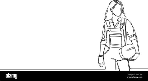 Continuous Single Line Drawing Of Female Construction Worker Holding Hard Hat In Hand Line Art