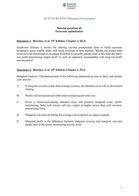 Tutorial Questions 2 Economic Optimisation Ecf2731ecf5927 Managerial Economics Tutorial