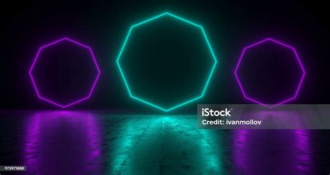 블루 팔각형 모양의 바닥에 반사와 네온 조명 3d 렌더링 그림 0명에 대한 스톡 사진 및 기타 이미지 0명 건축 검은색 Istock