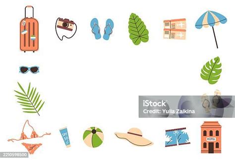 여름 화려한 프레임 휴가와 휴가 개념 흰색 배경에 해변 요소 프로모션 디자인 배너 포스터 수영복 여행 가방 카메라 계절에 대한 스톡 벡터 아트 및 기타 이미지 Istock