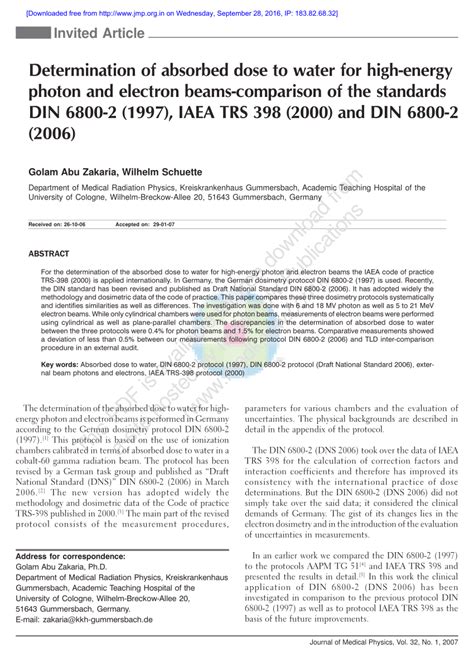 Pdf Determination Of Absorbed Dose To Water For High Energy Photon And Electron Beams