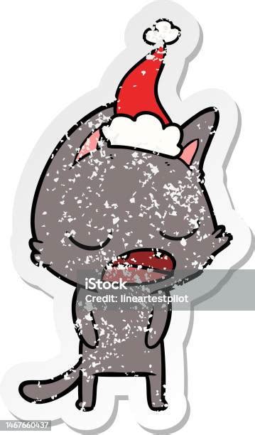 말하는 고양이 손으로 그린 고민 스티커 산타 모자를 쓰고 만화 고양이 울음소리에 대한 스톡 벡터 아트 및 기타 이미지 고양이 울음소리 귀여운 그런지 이미지 기법