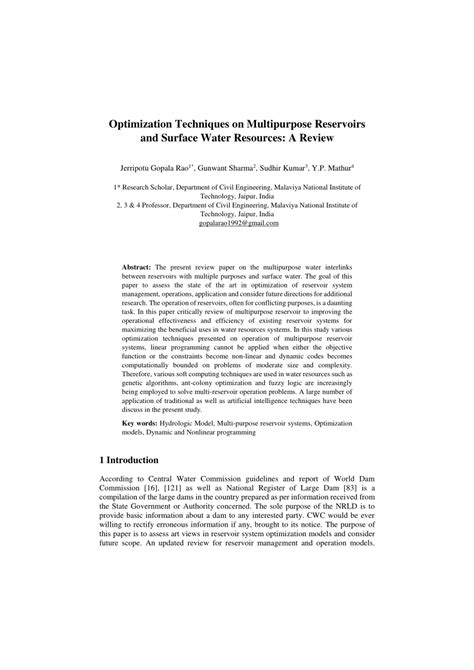 Pdf Optimization Techniques On Multipurpose Reservoirs And Surface Water Resources A Review