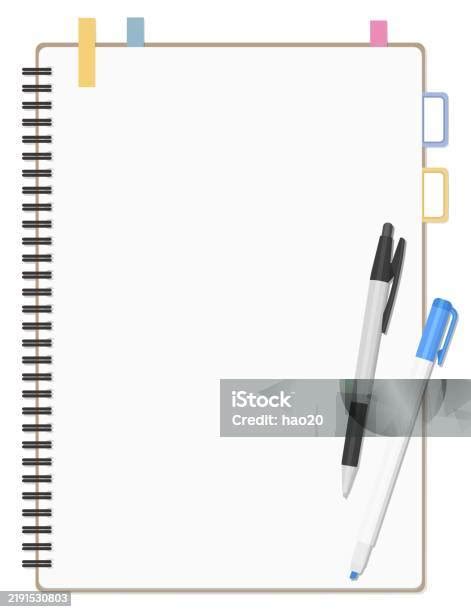 간단한 일반 공책 스티커 메모 볼펜 형광펜 나선형 공책 세트 Educational Institutions And Organizations에 대한 스톡 벡터 아트 및 기타