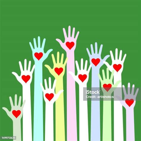 녹색 배경에 빨간 하트 그림이 있는 다채로운 보살핌 자원 봉사자들이 로고 엠블럼을 건네줍니다 벡터는 아이콘을 위로 움직입니다 교육 의료 의료 자원 봉사자를 위한 디자인 요소