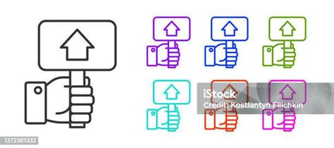 흰색 배경에 고립 된 경매 패들 아이콘을 들고 검은 라인 손 입찰 개념입니다 경매 경쟁 Bid 비문이 있는 손 상승 표지판 다채로운 아이콘을 설정합니다 벡터 Rise