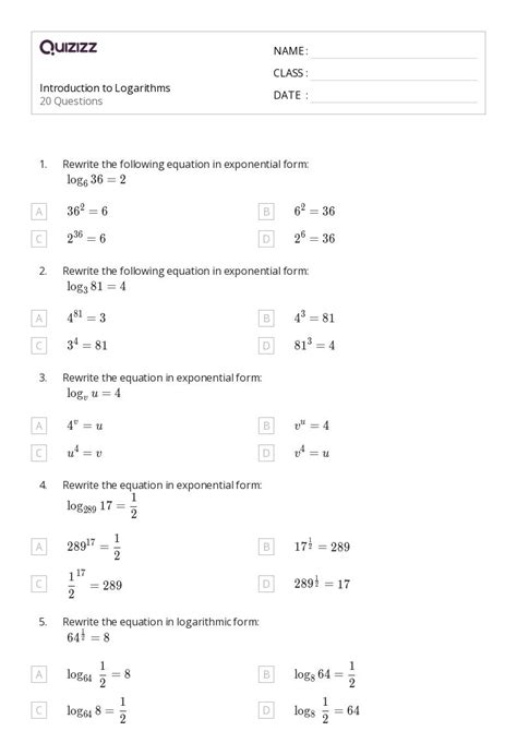 50 logarithms worksheets for 11th class on quizizz free and printable