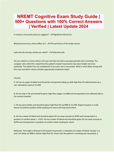 NREMT Cognitive Exam Study Guide 500 Questions With 100 Correct Answers Verified Latest