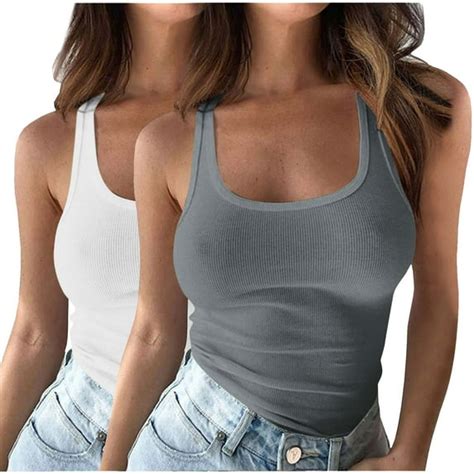 Edvintorg 2 Pack Womens Sleeveless Scoop Neck Ribbed Tank Tops Fitted
