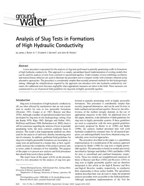Pdf Analysis Of Slug Tests In Formations Of High Hydraulic Conductivity
